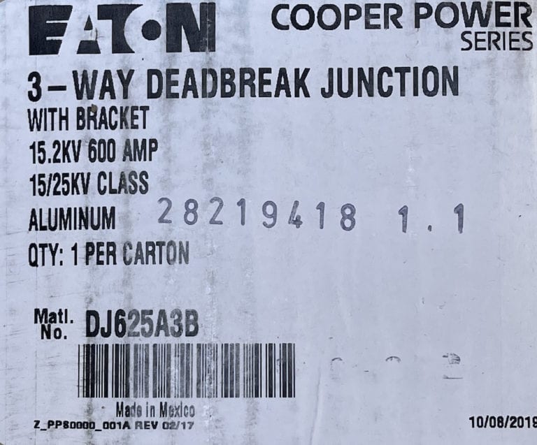 Eaton DJ625A3B 600A 15KV 3-Way DeadBreak Junction w/Bracket (NIB)
