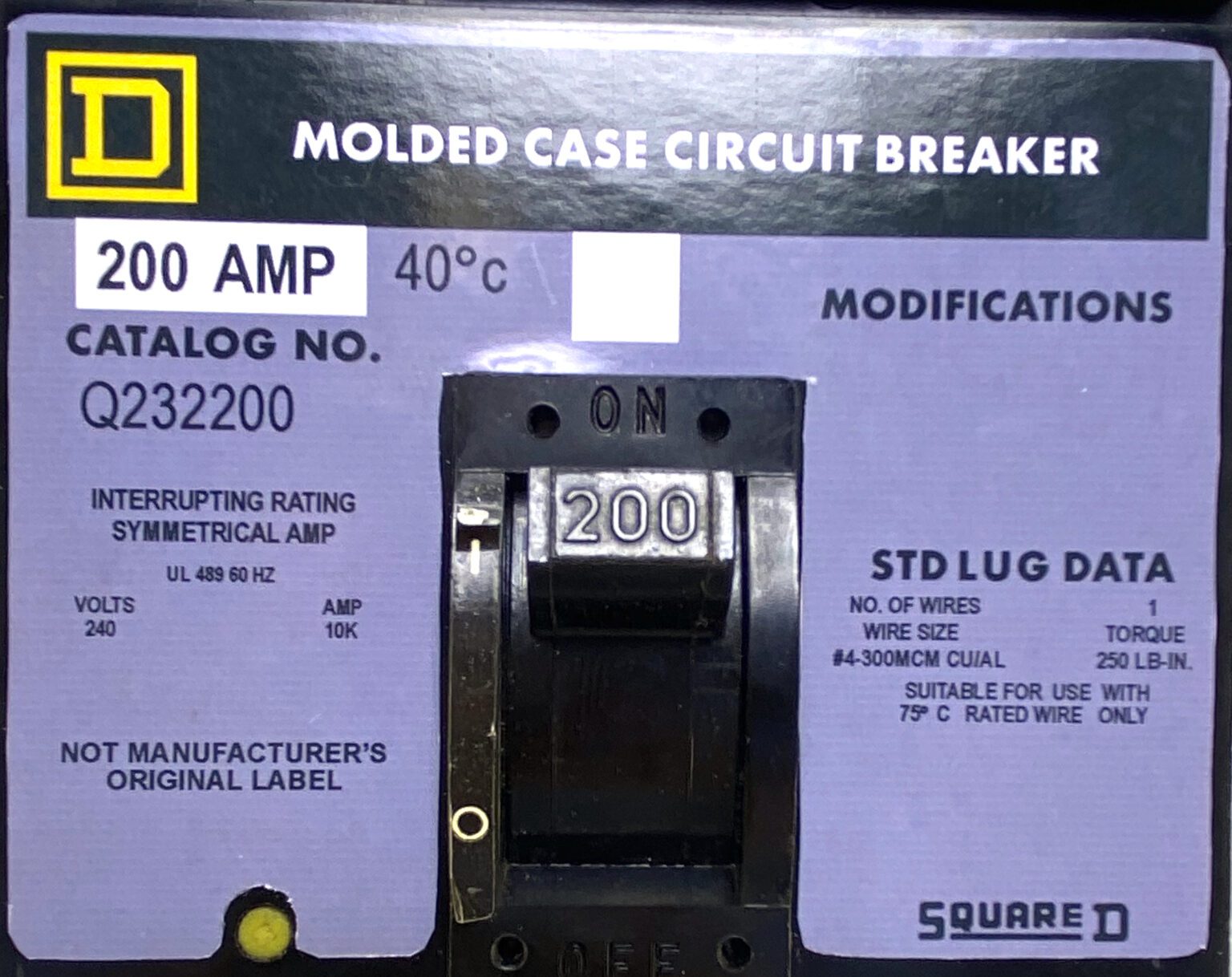 Square D Q232200 3 Pole 200 Amp 240 Vac I-Line Breaker (CHIPPED)