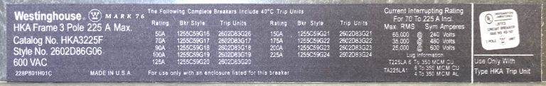 Westinghouse HKA3225F 3 Pole 225 Amp 600 Vac Circuit Breaker