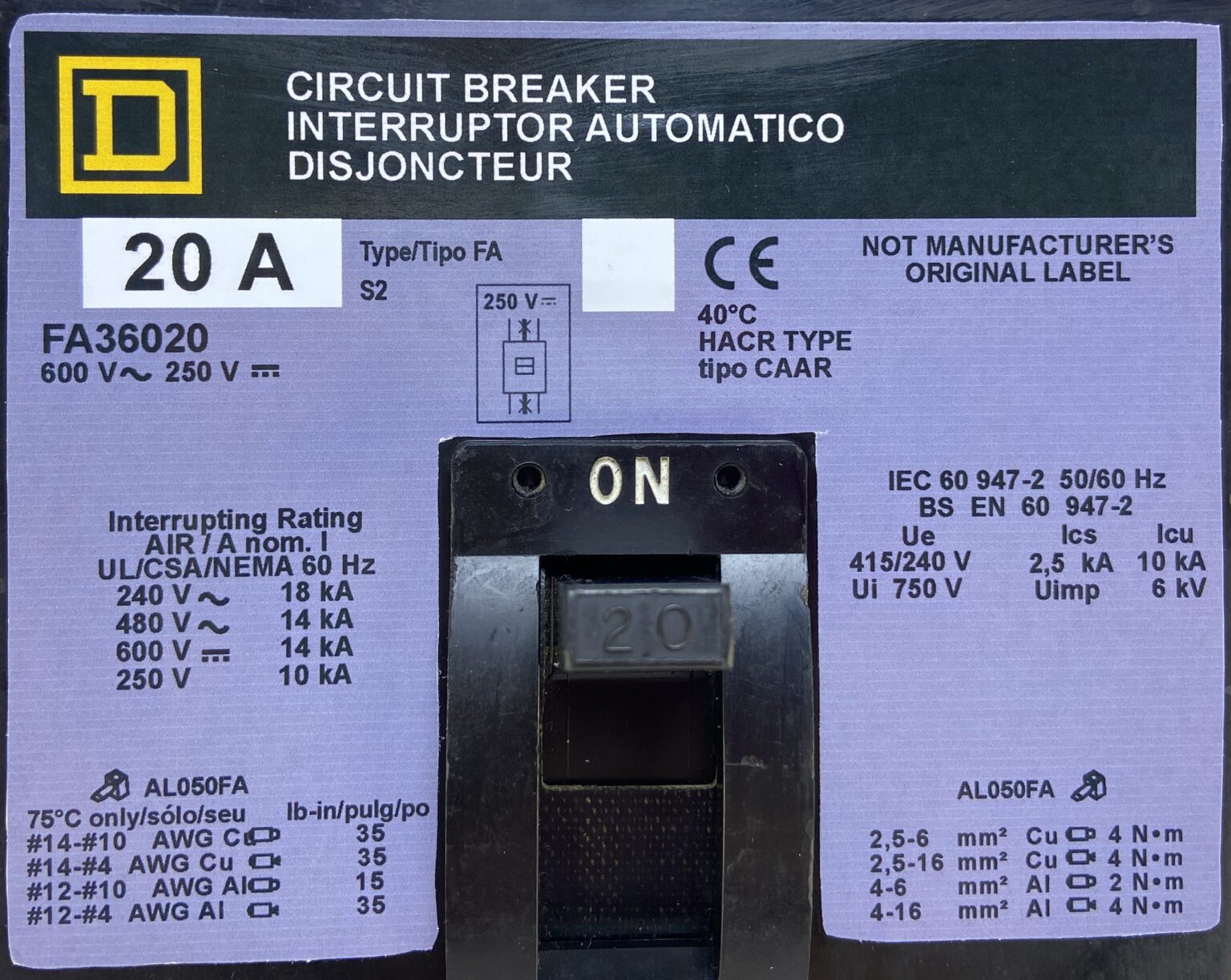 Square D FA36020 3 Pole 20 A 600Vac I-Line Circuit Breaker (CHIP)