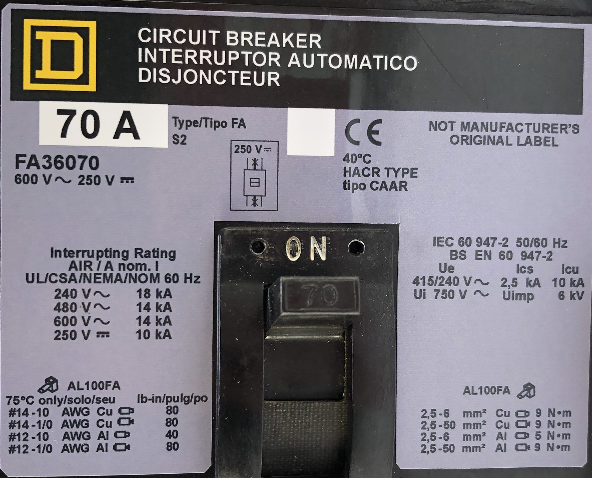 Square D FA36070 3 Pole 70 Amp 600 Vac I-Line Circuit Breaker