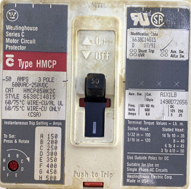 Cutler Hammer HMCP050K2C 3 Pole 50 Amp 600V Circuit Breaker w/Aux