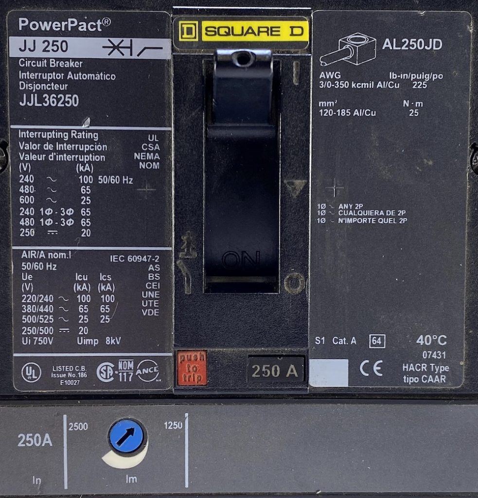 Square D JJL36250 3 Pole 250 Amp 600Vac PowerPact Circuit Breaker