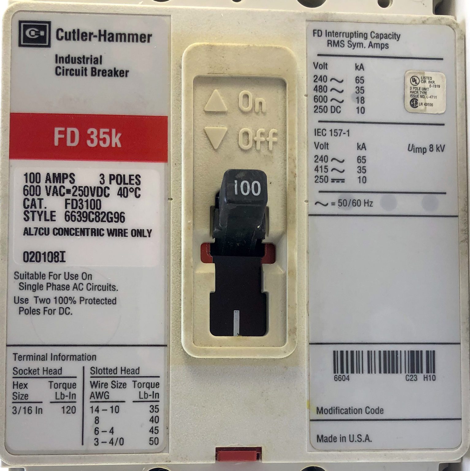 Cutler Hammer FD3100 3 Pole 100 Amp 600 Vac Circuit Breaker