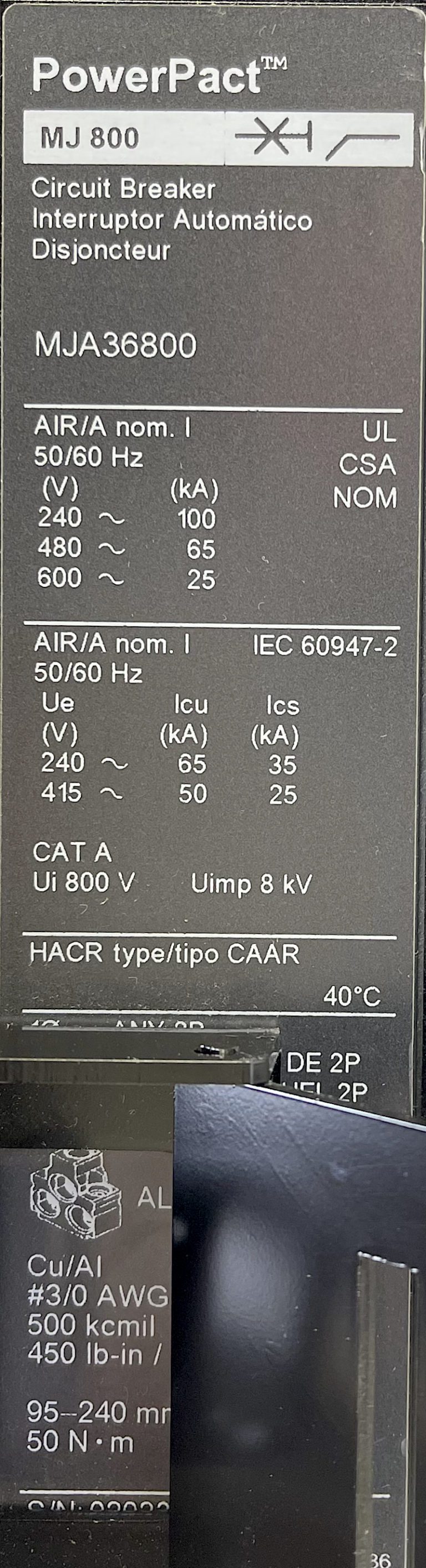 Square D MJA36800 3 Pole 800 Amp 600 Vac I-Line PowerPact Breaker