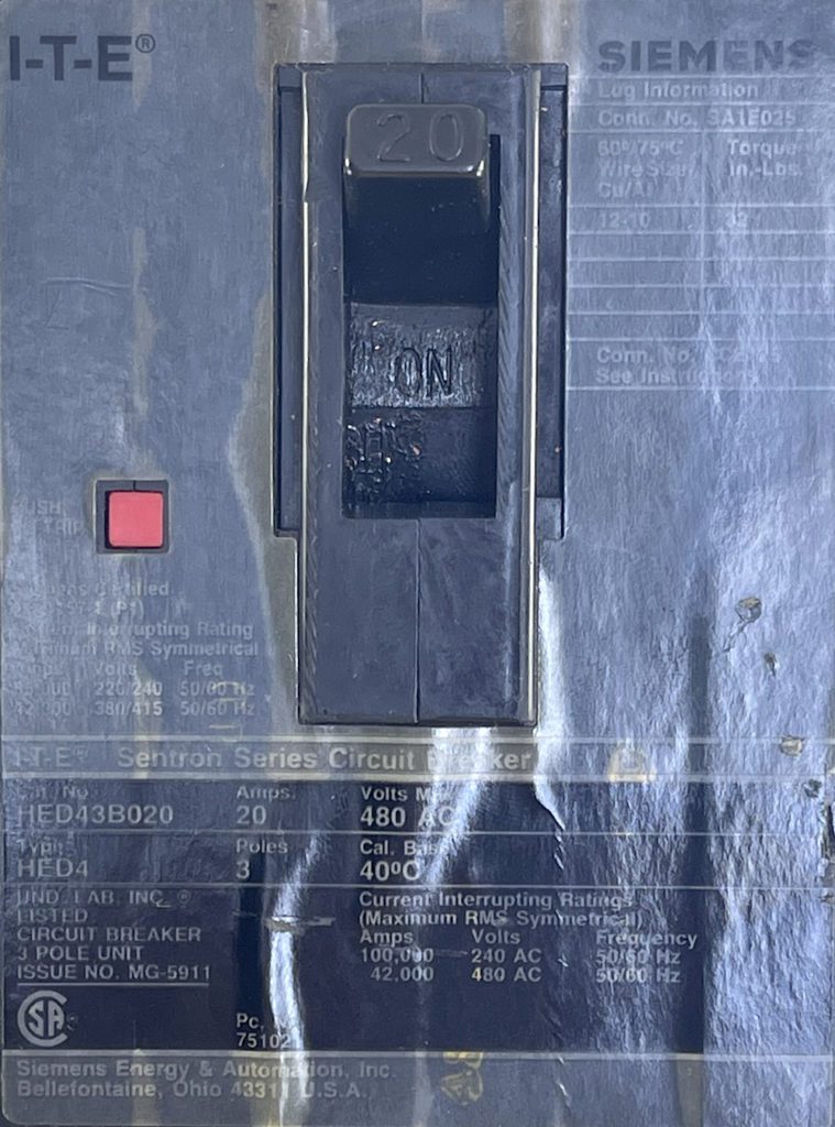 ITE | Siemens HED43B020 3 Pole 20 Amp 480 Vac Circuit Breaker