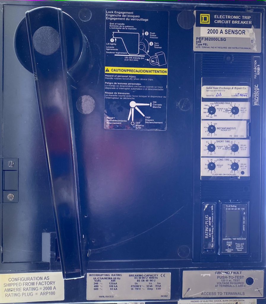 Square D PEF362000LSG 3 Pole 2000 Amp Breaker (100%) w/Test Sheet
