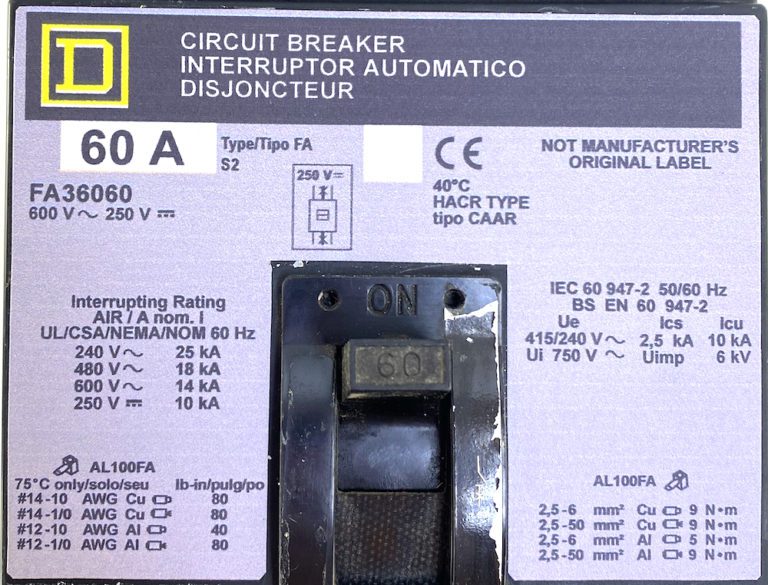 Square D FA36060 3 Pole 60 Amp 600 Vac I-Line Circuit Breaker