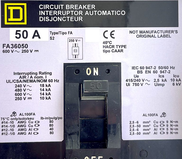 Square D FA36050 3 Pole 50 Amp 600 Vac I-Line Circuit Breaker