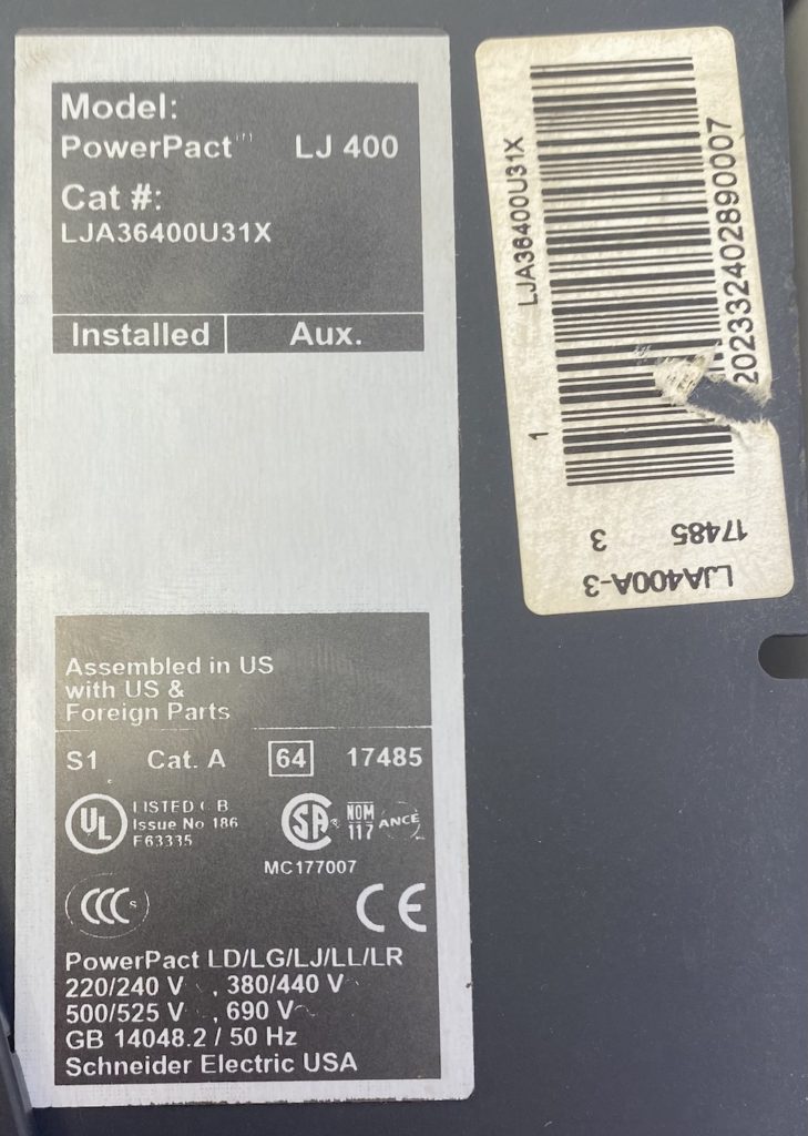 Square D LJA36400U31X 3Pole 400 Amp 600V I-Line PowerPact Breaker