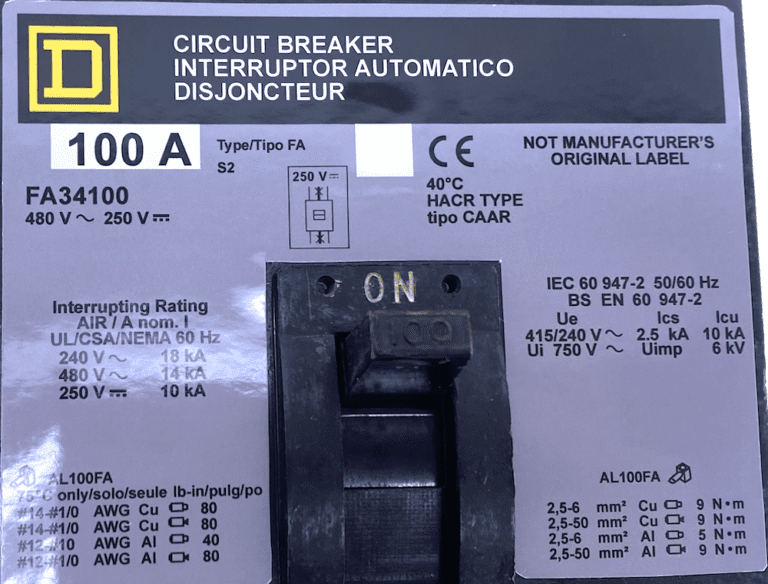 Square D FA34100 3 Pole 100 Amp 480 Vac I-Line Circuit Breaker