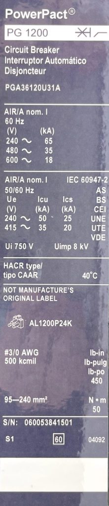 Square D PGA36120U31A 3 Pole 1200A 600V I-Line PowerPact Breaker