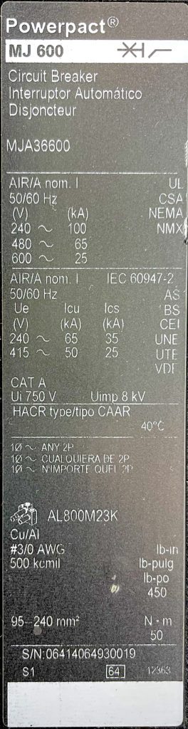 Square D MJA36600 3 Pole 600 Amp 600 Vac PowerPact I-Line Breaker