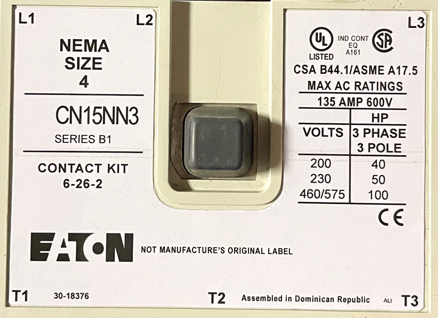 Eaton CN15NN3 Size 4 135 Amp 600 Vac Contactor w/120V Coil