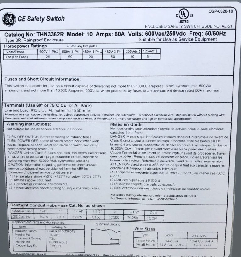 General Electric THN3362R 3P3W 60A 600V Non-Fusible Switch (NEW)
