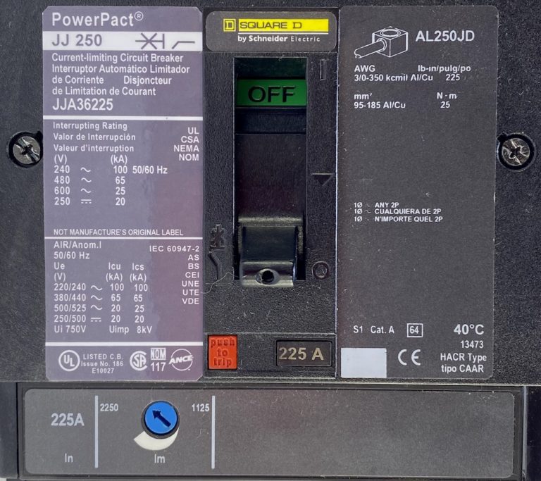 Square D JJA36225 3 Pole 225 Amp 600 Vac I-Line PowerPact Breaker