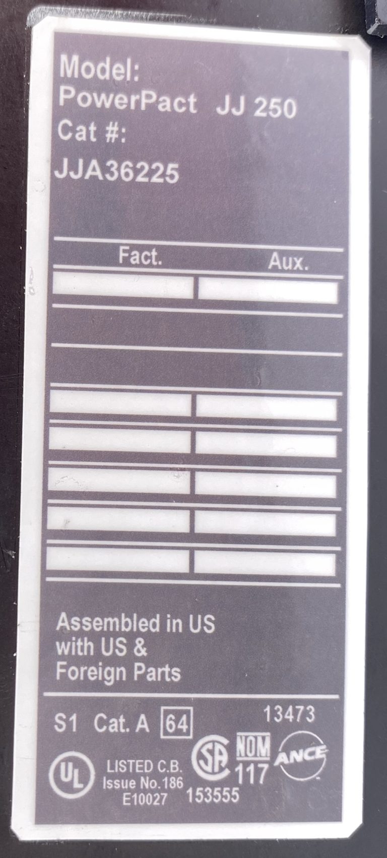 Square D JJA36225 3 Pole 225 Amp 600 Vac I-Line PowerPact Breaker