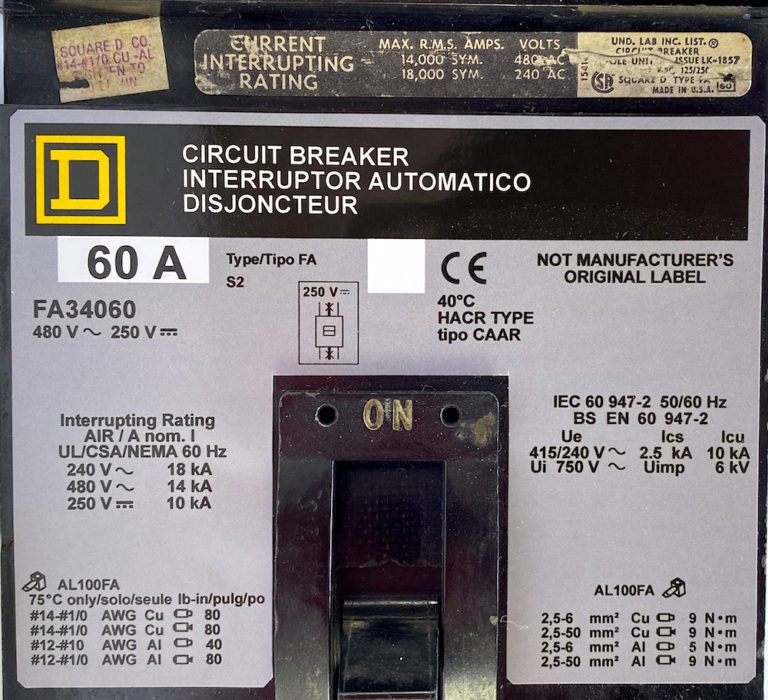 Square D FA34060 3 Pole 60 Amp 480Vac I-Line Breaker (Minor Chip)