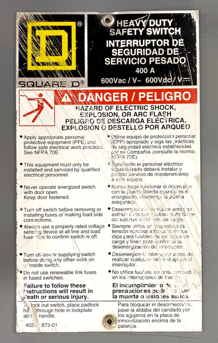 Square D H365R 3P3W Type 3R 400 Amp 600 Vac Fusible Safety Switch