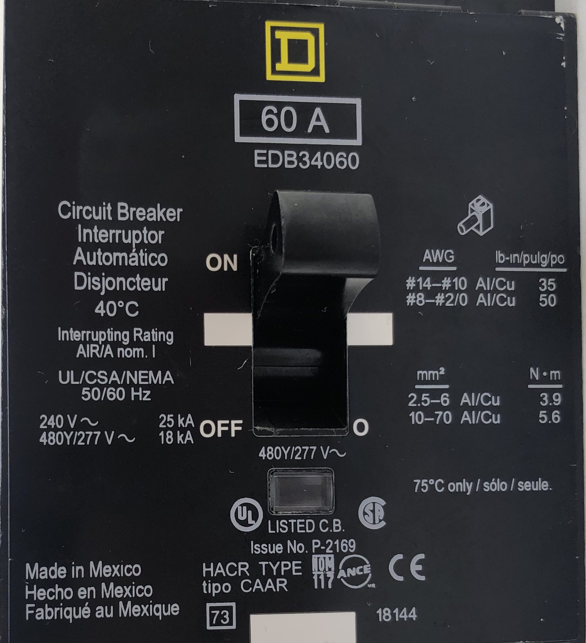 Square D EDB34060 3 Pole 60 Amp 480Y/277 Vac Circuit Breaker