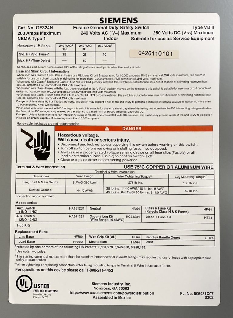 Siemens GF324N 3P4W 200 Amp 240 Vac Fusible Safety Switch (NIB)