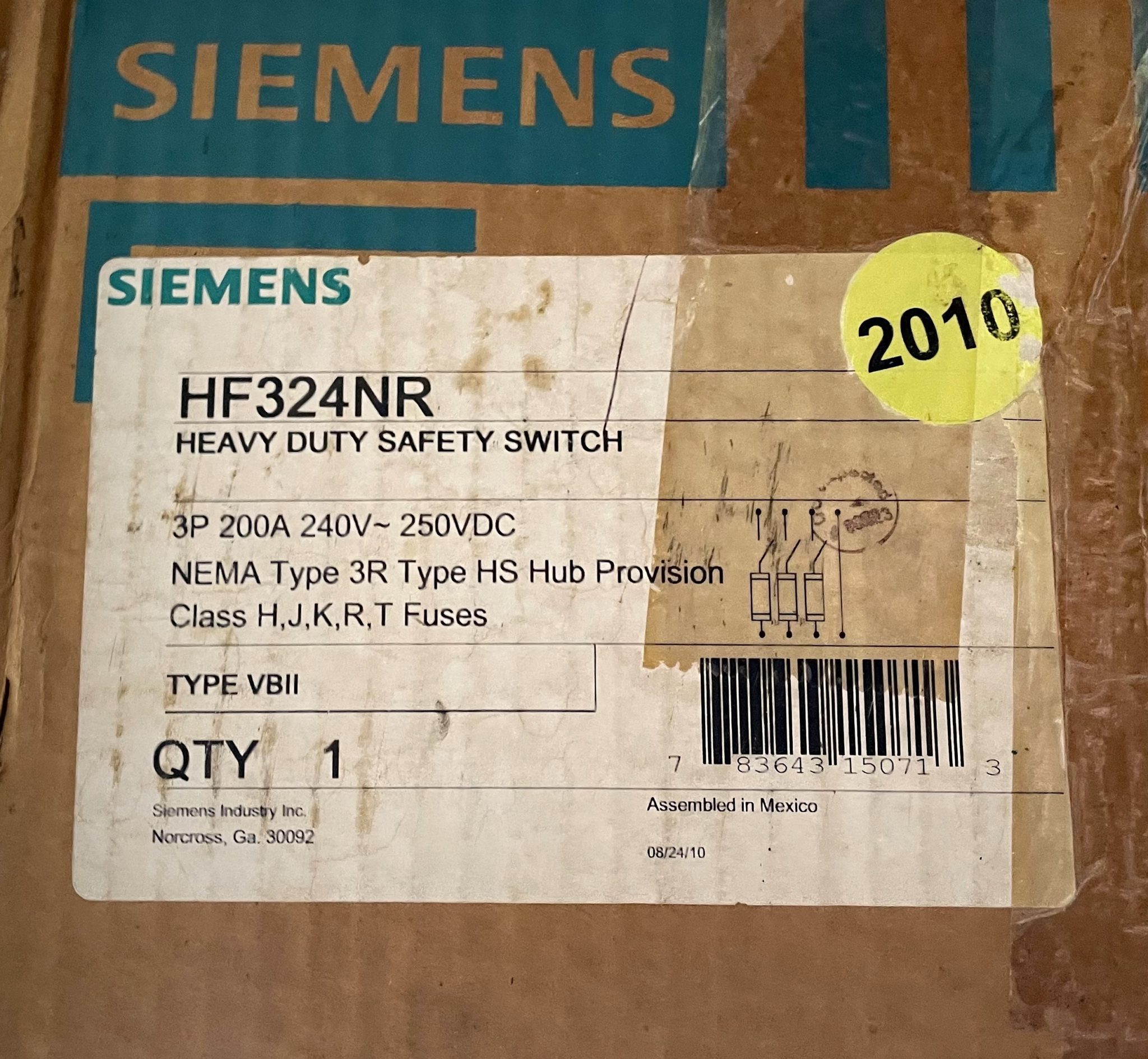 Siemens HF324NR 3P4W 200 Amp 240 Vac Fusible Safety Switch (NIB)