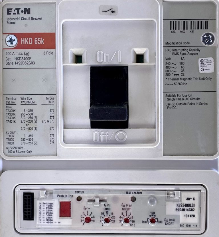 Eaton HKD3400F 3 Pole 400 Amp 600 Vac Breaker w/400A LSI DigiTrip