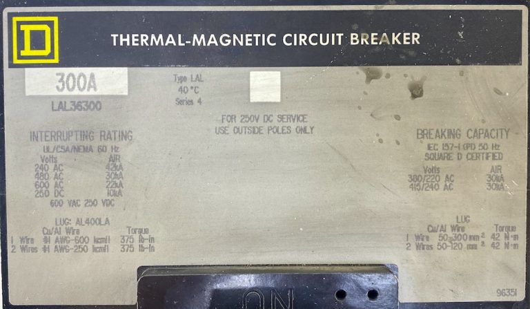 Square D LAL36300 3 Pole 300 Amp 600 Vac Circuit Breaker (CHIP)
