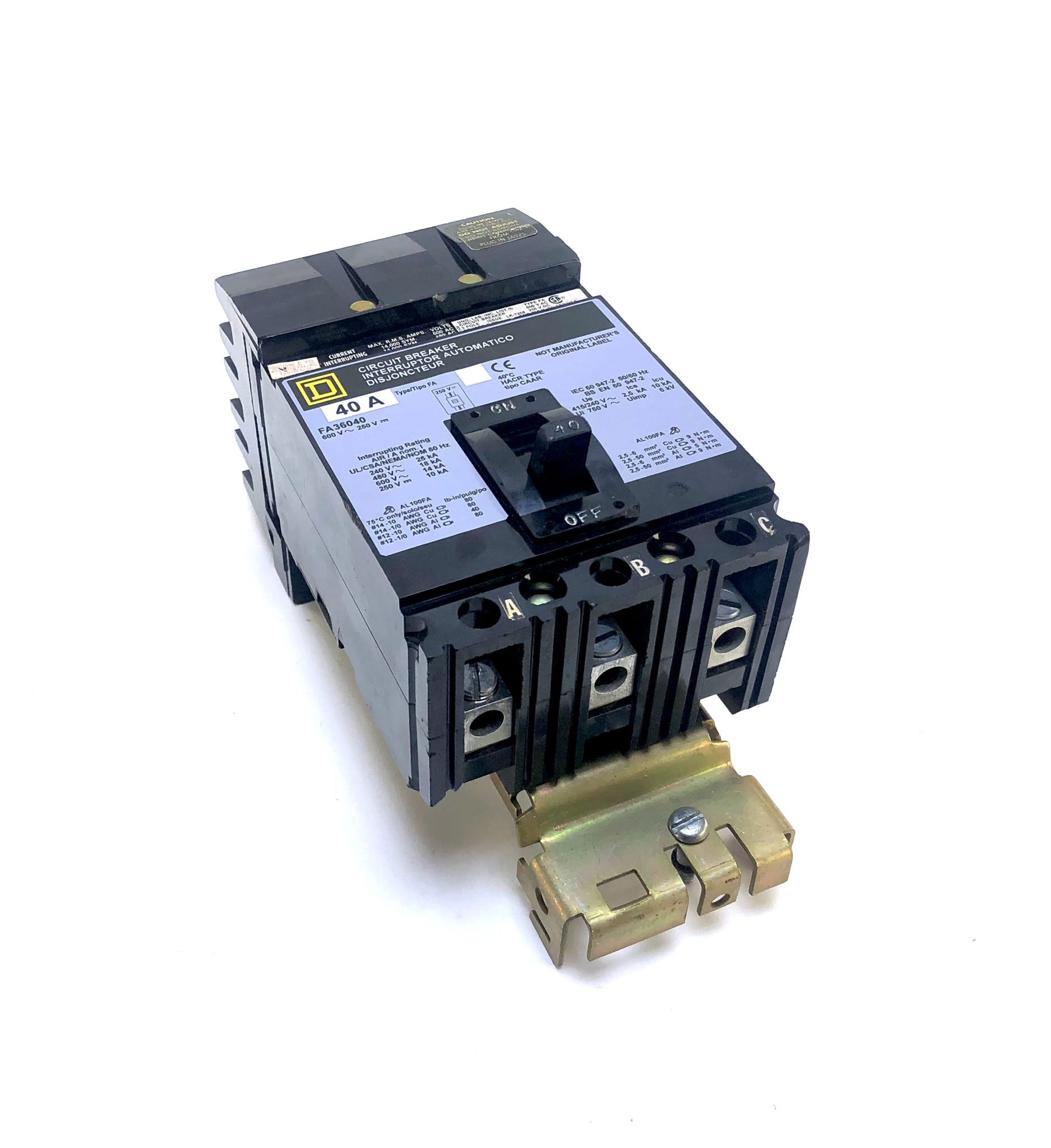 Square D FA36040 3 Pole 40 Amp 600 Vac I-Line Circuit Breaker