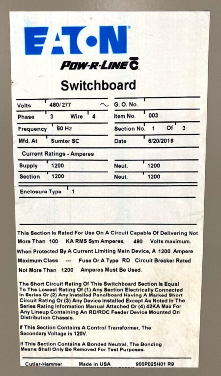 Eaton 3P4W 1200 Amp 480/277V Pow-R-Line Main Breaker Panel w/Main