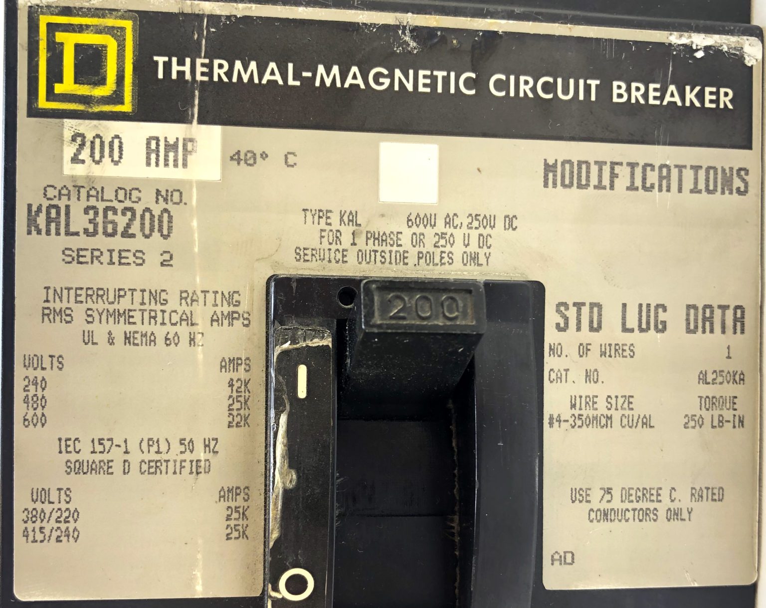 Square D KAL36200 3 Pole 200 Amp 600 Vac Circuit Breaker