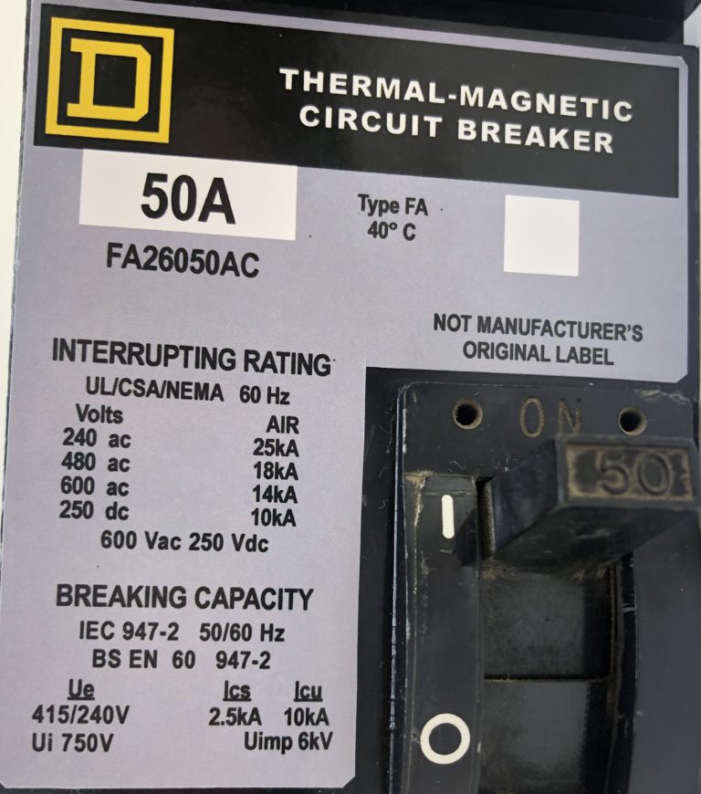 Square D FA26050AC 2 Pole 50 Amp 600 Vac I-Line Circuit Breaker