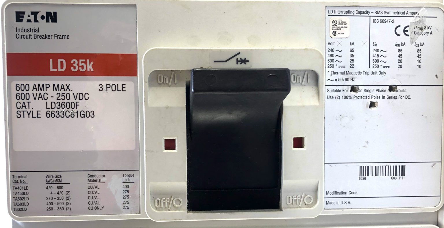 Eaton LD3600F 3 Pole 600 Amp 600 Vac Circuit Breaker w/600A Trip