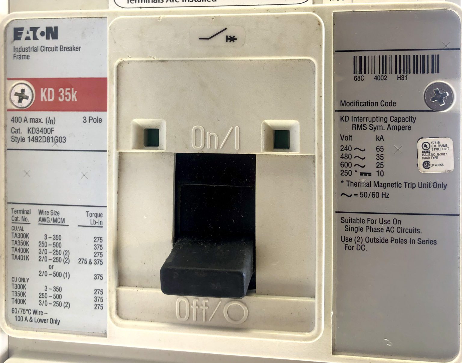 Eaton KD3400F 3 Pole 400 Amp 600 Vac Circuit Breaker w/300A Trip