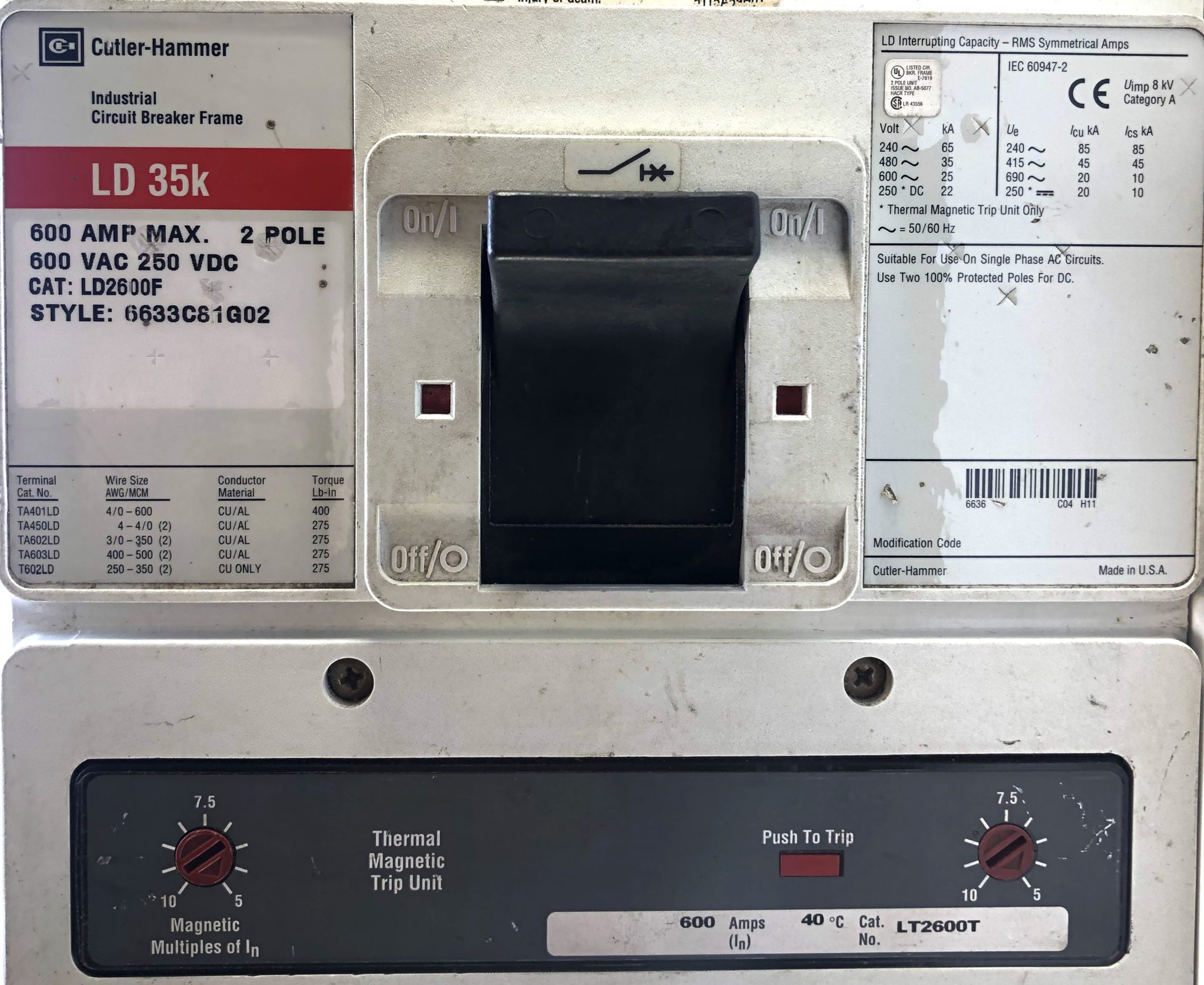 Cutler Hammer LD2600F 600Amp 600 Vac Circuit Breaker w/ 600A Trip