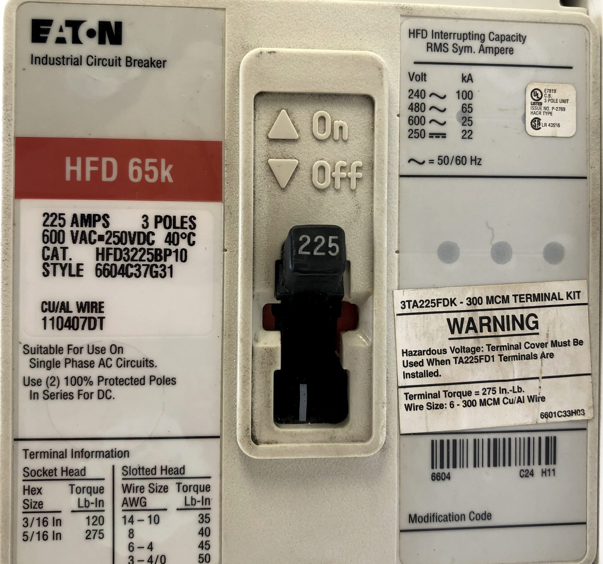 Eaton HFD3225BP10 3 Pole 225 Amp 600 Vac Circuit Breaker