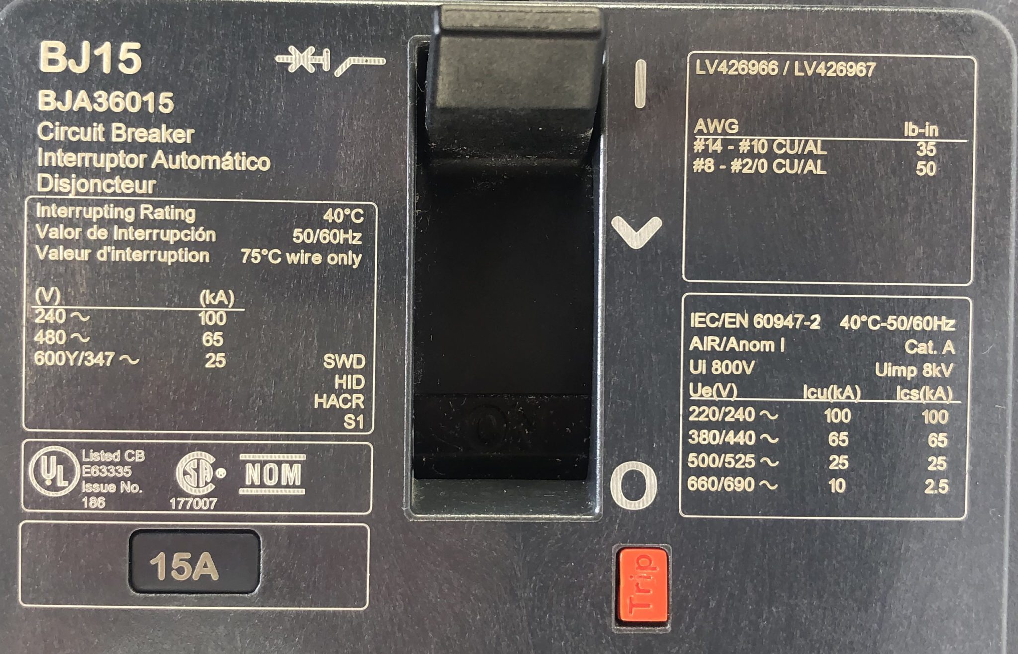 Square D BJA36015 3 Pole 15 Amp 600 Vac I-Line Power Pact Breaker ...