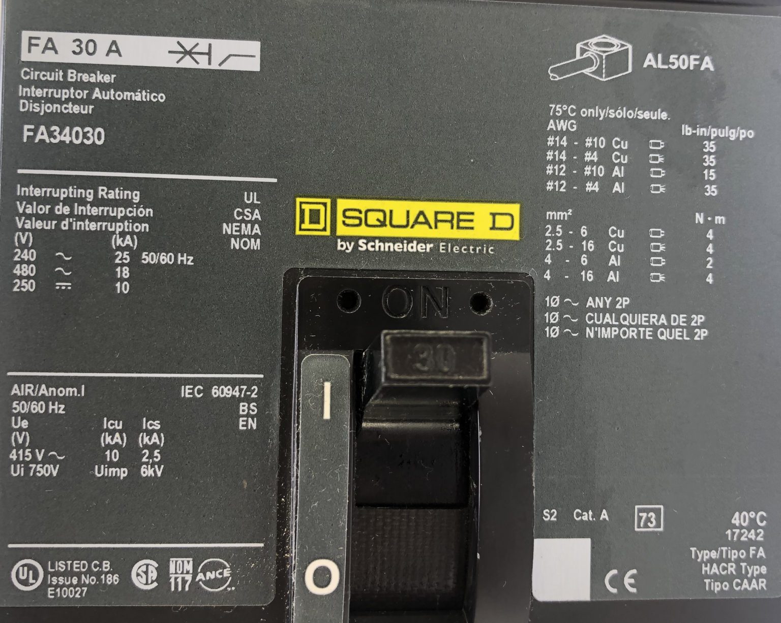 Square D FA34030 3 Pole 30 Amp 480 Vac I-Line Circuit Breaker