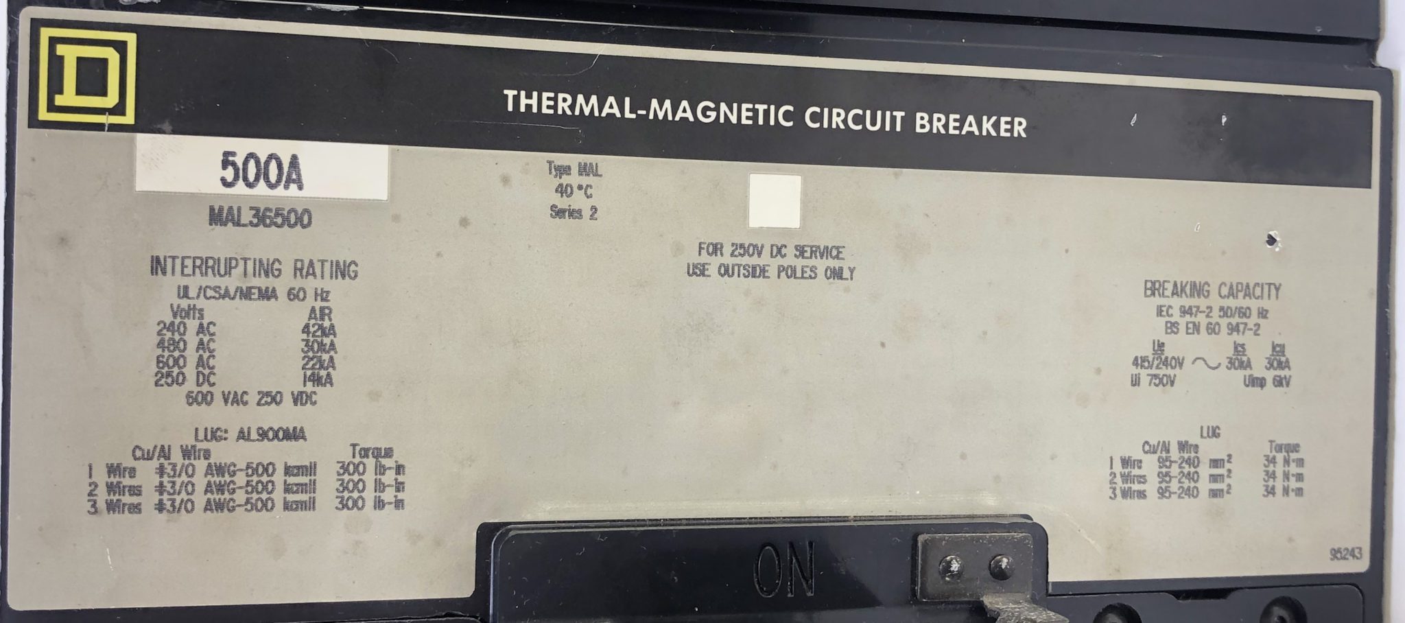 Square D MAL36500 3 Pole 500 Amp 600 Vac Circuit Breaker (CHIP) | Electrical Power and Control ...