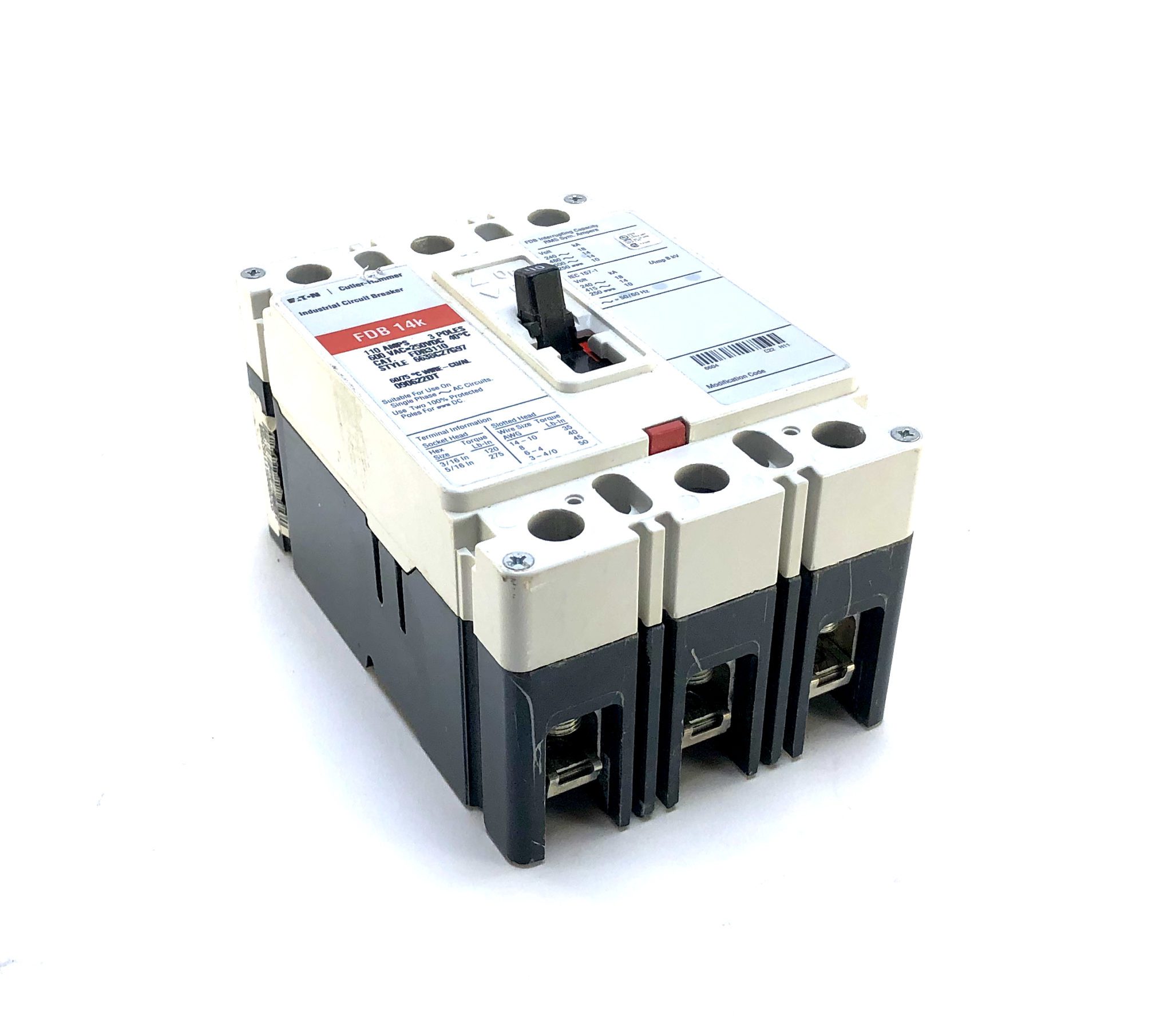 Eaton Cutler Hammer FDB3110 3 Pole 110 Amp 600 Vac Breaker (CHIP)