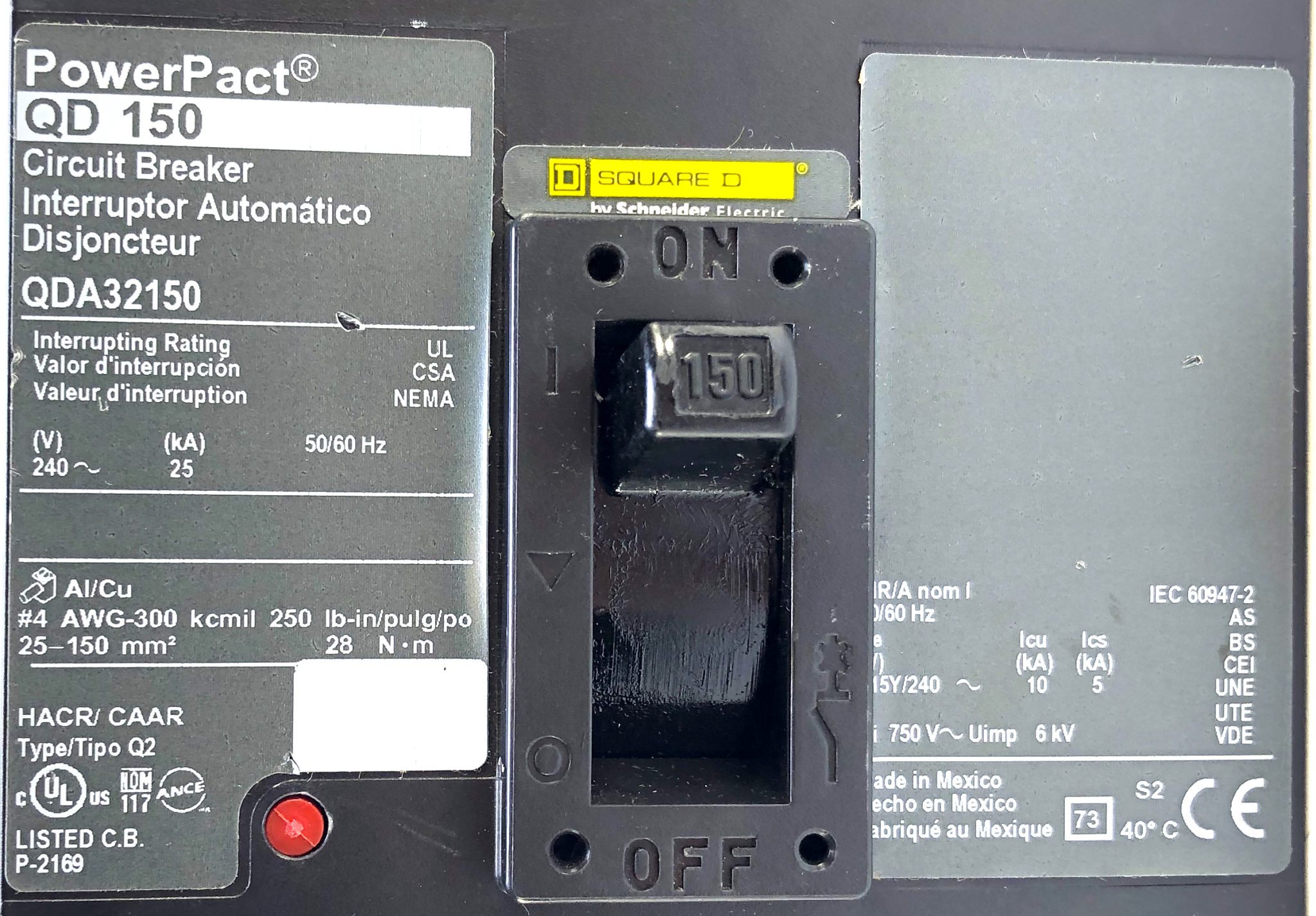 Square D QDA32150 3 Pole 150 Amp 240 Vac PowerPact I-Line Breaker