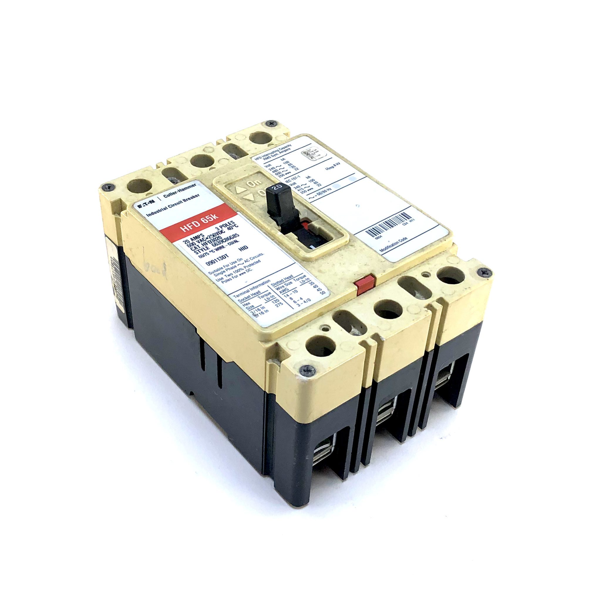 Eaton/Cutler Hammer HFD3020 3 Pole 20 Amp 600 Vac Circuit Breaker