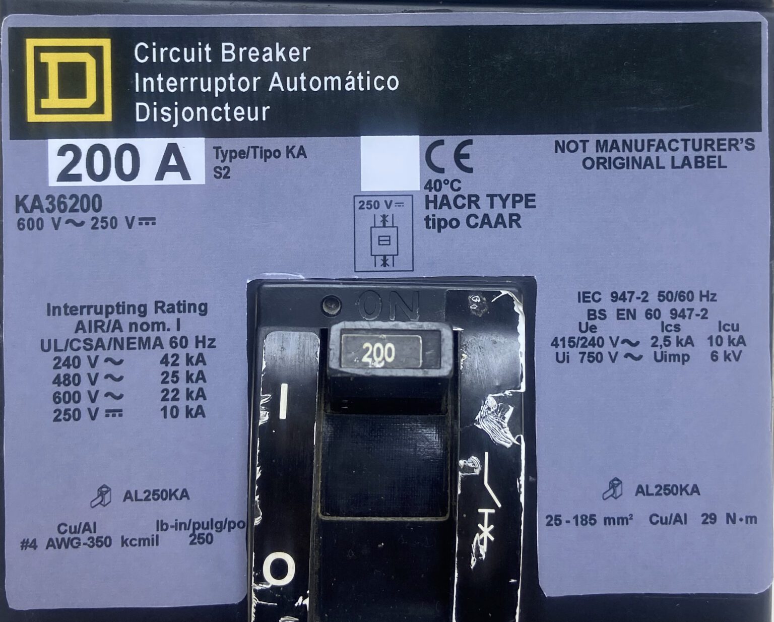 Square D KA36200 3Pole 200A 600V I-Line Circuit Breaker (CRACK)