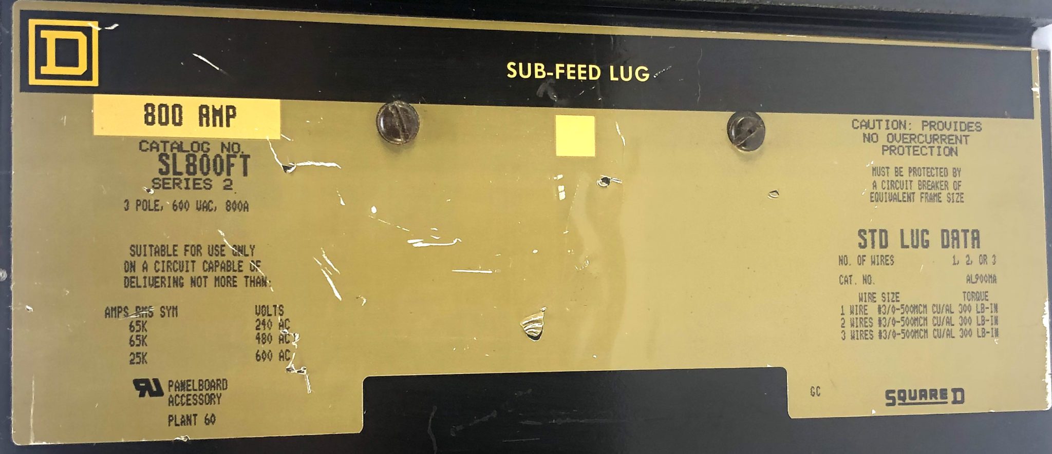 Square D SL800FT 3 Pole 800 Amp 600 Vac I-Line Sub Feed Lug
