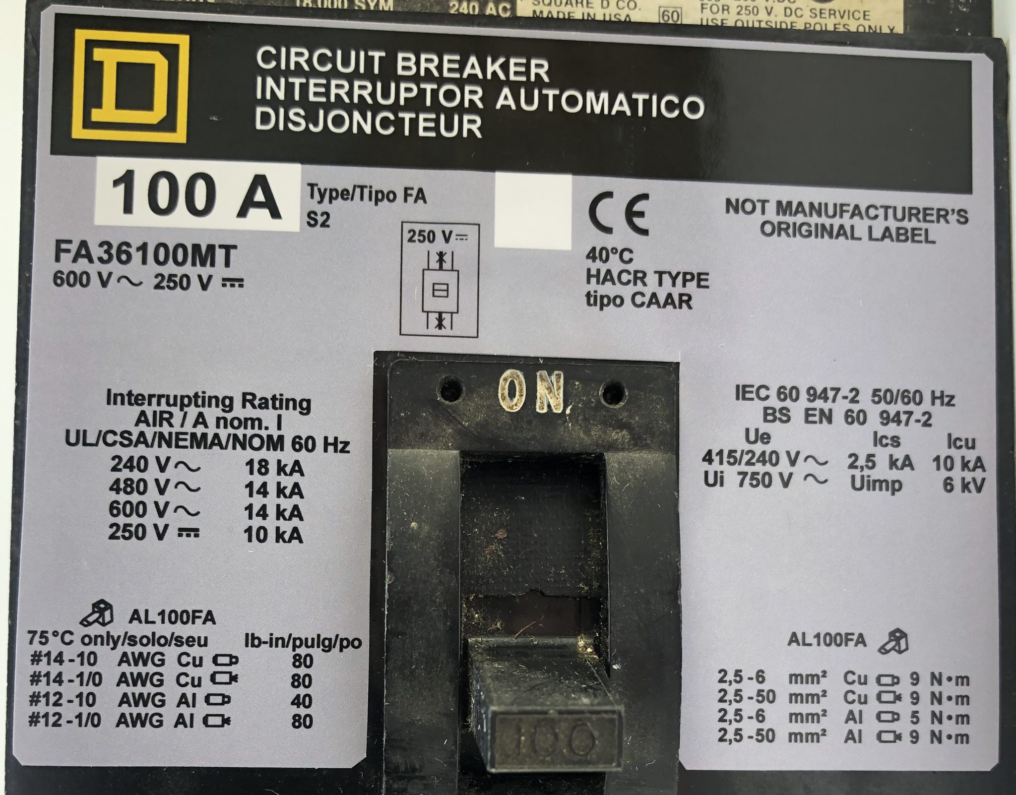 Square D FA36100MT 3 Pole 100 Amp 600 Vac I-Line Circuit Breaker