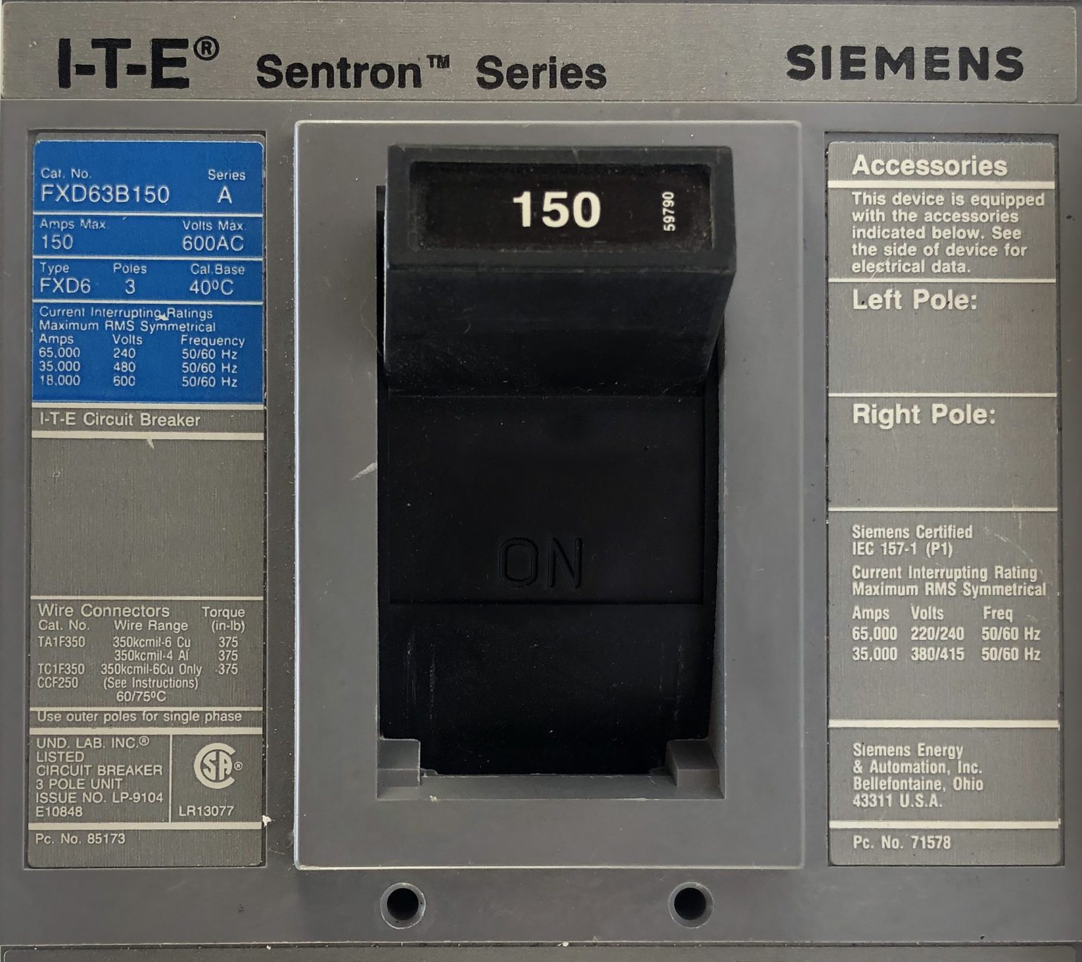 Siemens FXD63B150 3 Pole 150 Amp 600 Vac Circuit Breaker w/ Trip