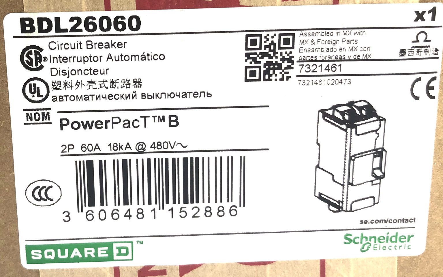 Square D BDL26060 2Pole 60Amp 480Vac PowerPact Breaker (SEALED)