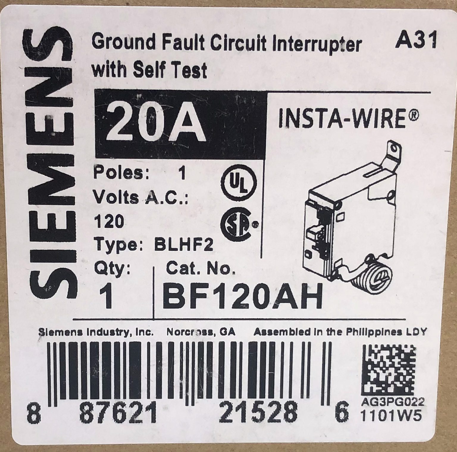 Siemens BF120AH 1 Pole 20 Amp 120Vac Circuit Breaker (New In Box)