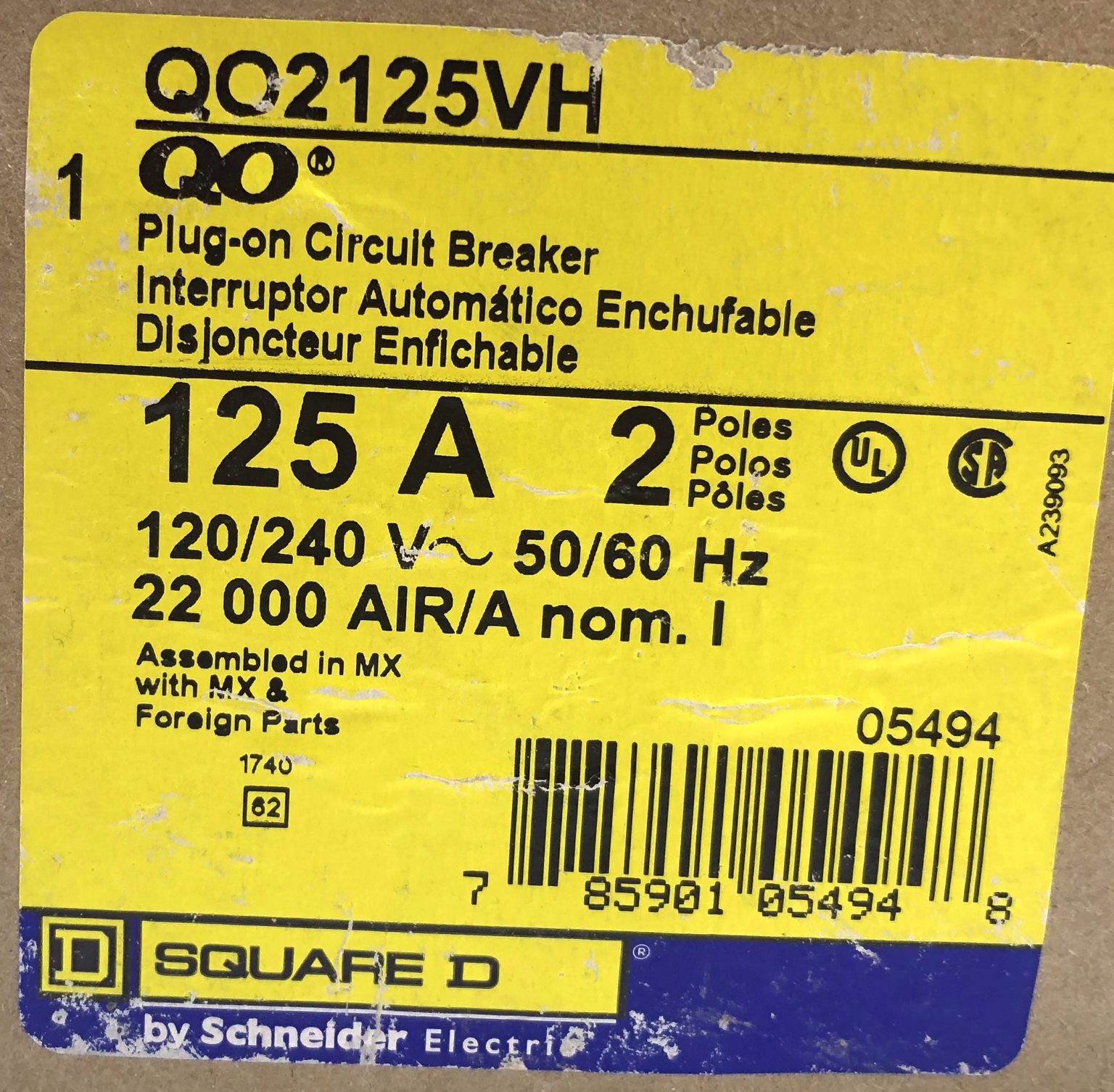Square D QO2125VH 2 Pole 125 Amp 240 Vac Circuit Breaker (NEW)