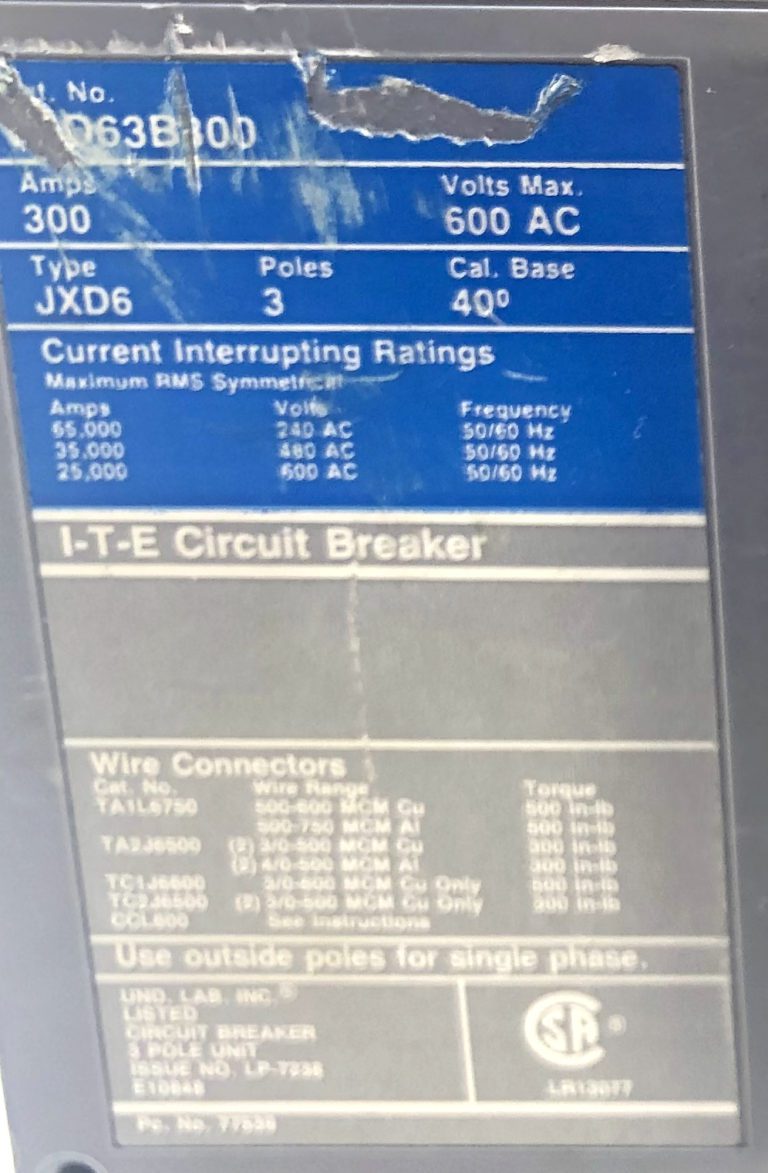 Siemens JXD63B300 3 Pole 300 Amp 600 Vac Breaker w/Shunt (CHIP)
